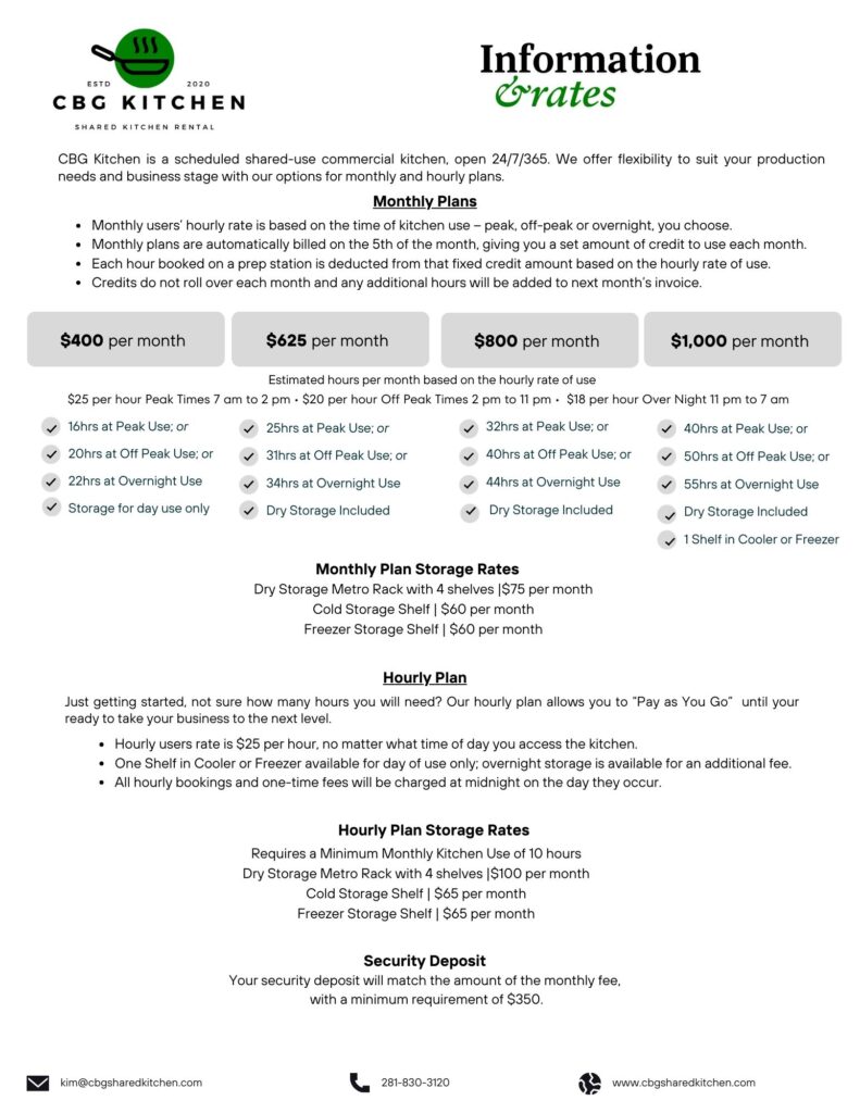 Pricing - CBG Shared Kitchen Rental